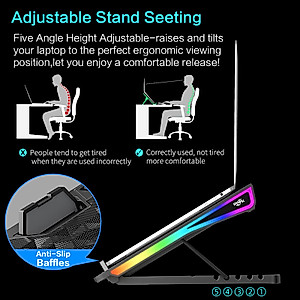 PPFK Laptop Fan Cooling Pad, RGB Laptop Cooler Pad with 5 Cooling Fans, Cooling Pad for Gaming Laptop 15-17.3 Inch, Laptop Cooling Stand with 5 Height Adjustable, 10 Modes Light & 2 USB Ports