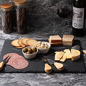 WLWNWFT 1 Pc 16 x 12 inch Slate Cheese Board Large Slate Board Set Slate Stone Board Slate Cheese Tray Serving Tray with 4 Knives Forks, 2 Ceramic Bowls and Chalk Christmas