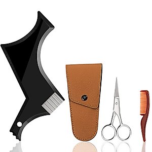 4 Pieces Beard Shaper Kit Includes Beard Shaping Template Tool Mustache Beard Comb and Scissors Works with Electric Trimmers Razors or Clippers