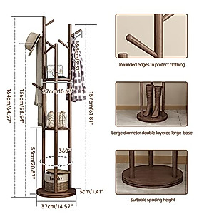 KASLANDI Coat Rack, Rotary Coat Rack Freestanding,FAS Grade Rubber Wood,Coat Rack Stand with 3 Shelves and 9 Hooks, Sturdy and Easy Assembly Wooden Coat Tree (Walnut)
