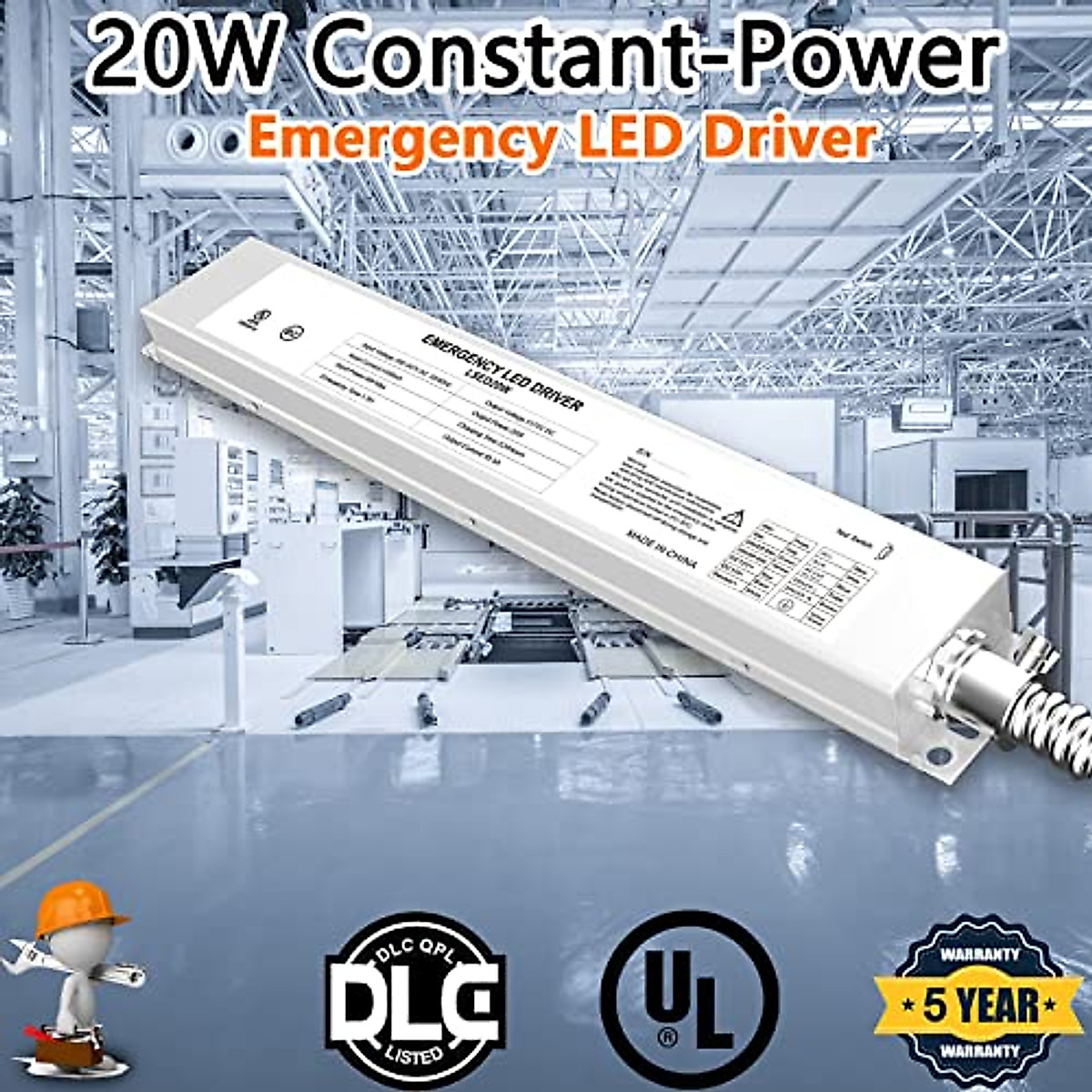 LED Emergency Backup Driver 20W, 100-347V AC 175V DC Over 90 Mins Emergency Time, 0/1-10V Dimmable Emergency LED Driver, Rechargeable UL Listed Backup Battery for LED Grooves, Panels and Linear Lights