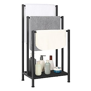 Freestanding Towel Rack, 3 Tier Metal Towel Rack Blanket Rack Stand for Bedroom Standing Towel Rack Black Bath Towel Holder Stand Floor for Bathroom Floor Towel Rack with Wooden Storage Shelf