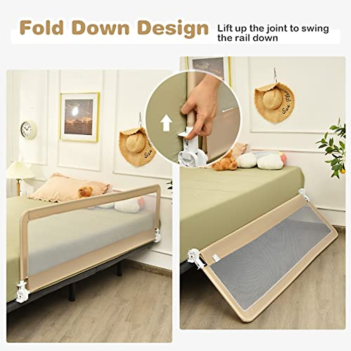 HONEY JOY Bed Rail for Toddlers, 71-in Extra Long, Portable Safety Bed Guardrail w/Double Safety Child Lock, Foldable Baby Bed Rail Guard, Fit King & Queen Full Twin Size Bed Mattress(Beige, Pack 1)