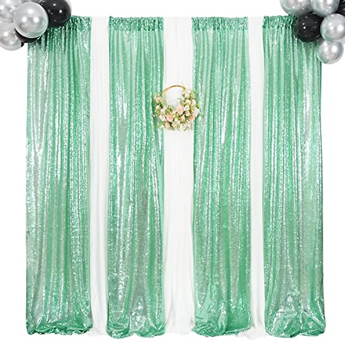 Green Sequin Backdrop Curtain, 2 Panels Mint Green Sequin Backdrop, 2FTx8FT Sequin Curtains for Party Wedding Sequence Backdrop