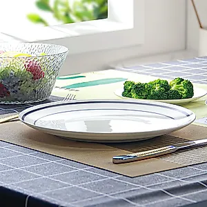 YFWOOD Ceramic Dinner Plates Set Of 6, 10.5 Inch Kitchen Dish Set, Contemporary Round Porcelain Tablewar,Microwave,Dishwasher and Oven Safe, Scratch Resistant Deep Plates - White & Blue Double Line