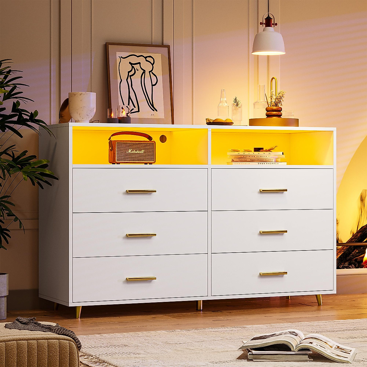 EnHomee Dresser for Bedroom, White Dresser with LED, Chests of Drawers, 6 Drawers & 2 Shelves for Bedroom, Wood Chests of Drawers, Large Space Saver Furniture