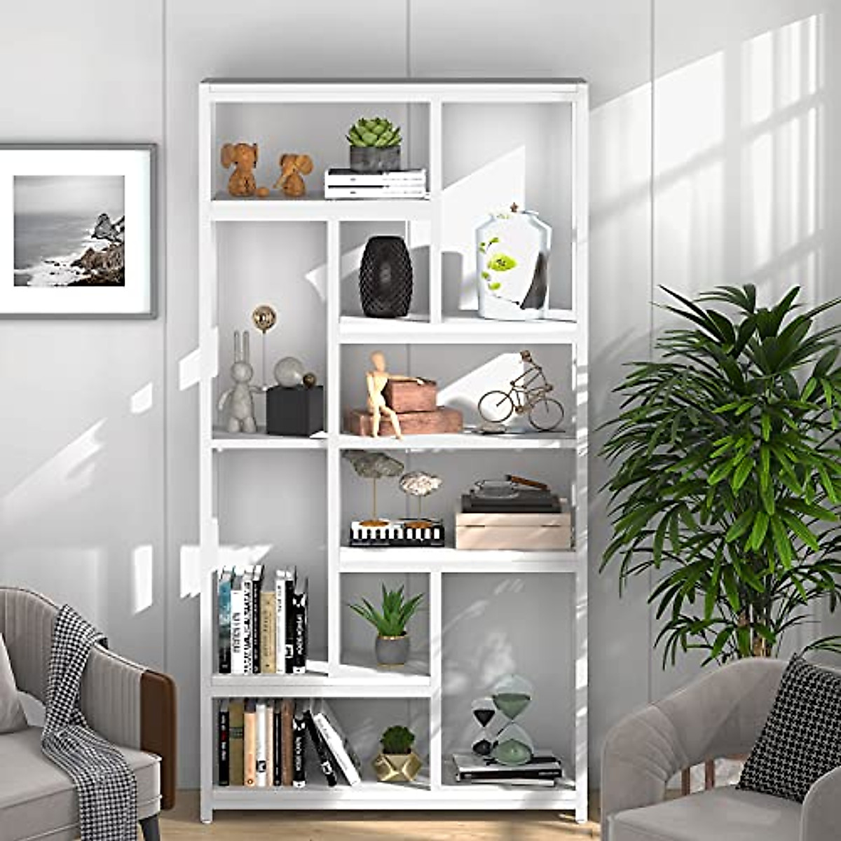 LITTLE TREE 78.7” Tall Bookshelf Industrial Bookcase for Living Room Home Office,White