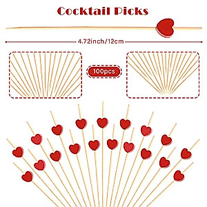100pcs Red Heart Cocktail Picks 4.7" Long Fruit Sticks Food Toothpicks Sandwich Appetizer Charcuterie Skewers, Handmade of Bamboo Wood, for Birthday, Wedding, Valentines Day Decoration Party Supplies