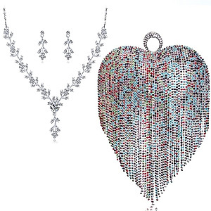 WANLIAN Women Luxury Cute Heart Shape Tassel Evening Clutch Bag Rhinestones Wedding Party Purse Handbag With Earrings Necklace