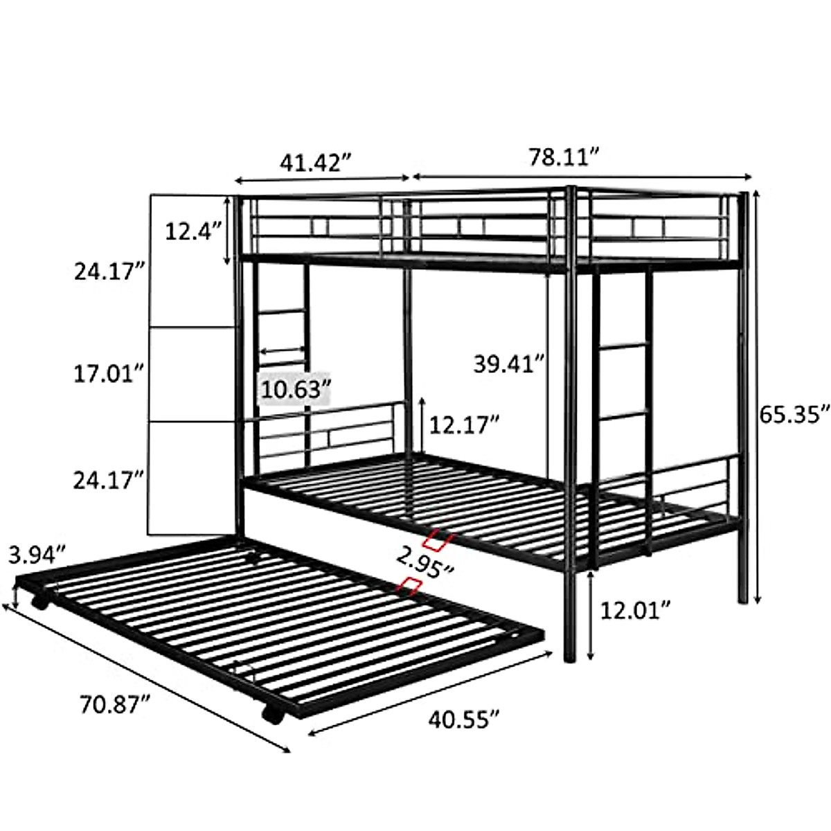 Olela Twin Over Twin Metal Bunk Beds with Trundle,2 Ladders for Boys Girls Adults,Convertible Bunk Beds for Kids Teens (Black)