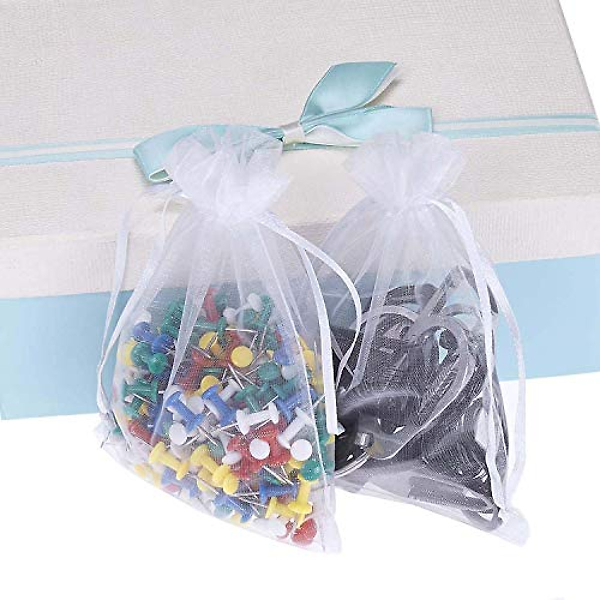 50 Pcs 4x6 inch Gift Wrap Bags, Organza Sheer Clear Tulle Fabric, White Drawstring Sachet for Baby Shower Favor, Birthday Party Favor, Bachelorette Party, Girls Graduation,Small Votive Candles,Marble