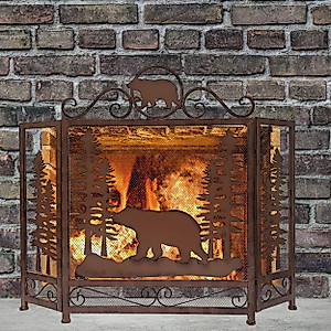BestGiftEver 3-Panel Fireplace Screen Decorative with Bear Alone in The Forest - Stand Alone Fireplace Cover Metal Mesh Screen - Home Decorative Firescreen for Cabin, Wildlife, and Woodland Theme