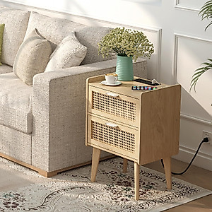 HHETOGOL Rattan Nightstand with Charging Station & 2 Rattan-Like Decor Drawers,Small End Table with Solid Wood Feet for Small Bedroom, Living Room, TTBZ02YE