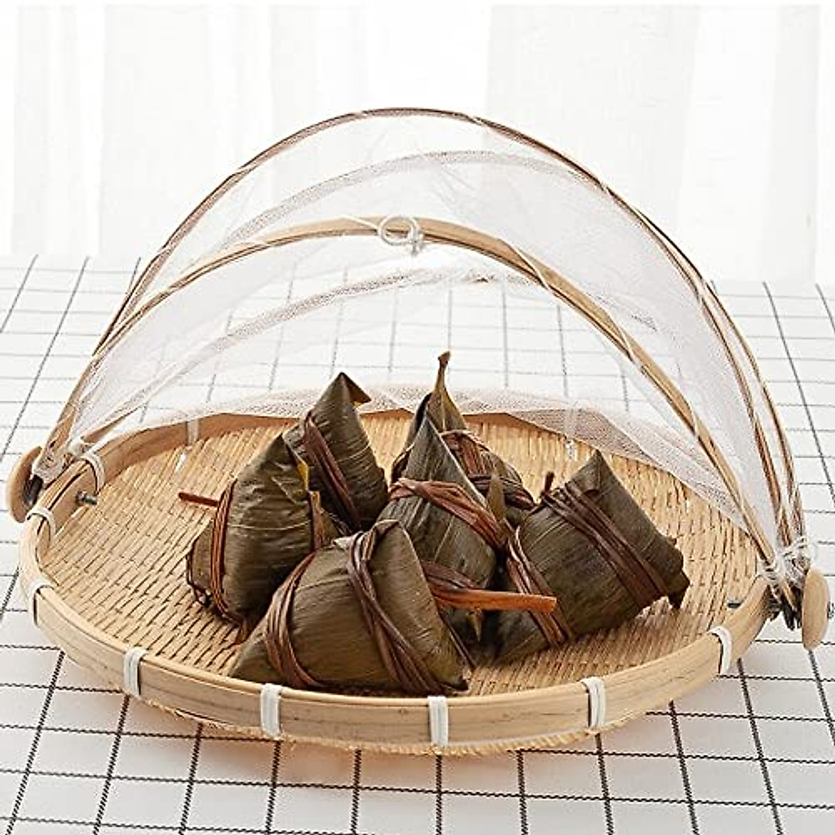 Serving Baskets Covered Round Bamboo Serving Food Tent Basket Bread Storage Container with Mesh Food Nets Fruit Cover