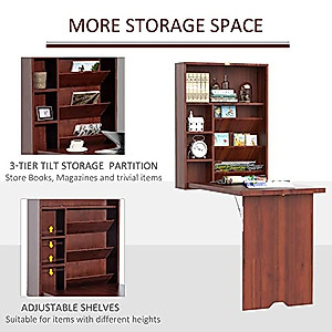 HOMCOM Compact Fold Out Wall Mounted Convertible Desk with Storage, Mahogany