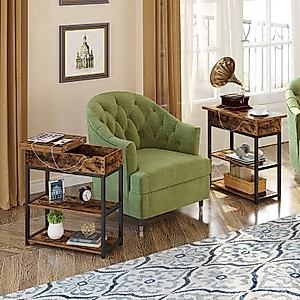 Rolanstar End Table with Charging Station, Narrow Nightstand, Flip Top Side Table with USB Ports and Storage Shelves for Small Spaces, Living Room, Bedroom, Black