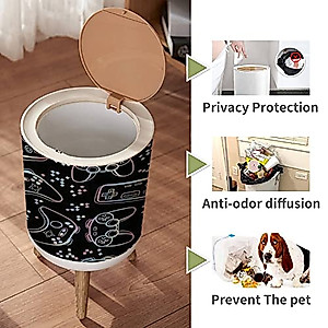 IBPNKFAZ89 Small Bathroom Bedroom Trash Can with Lid joysticks Gaming Cool Cute Kawaii Garbage Wood Waste Bin Press Cover Round Wastebasket for Kids Boys Kitchen Nursery 7L/1.8 Gallon, 8.66x14.3inch