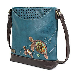 Chala Handbags Sweet Messenger Mid Size Tote Bag Two Turtles - Turquoise