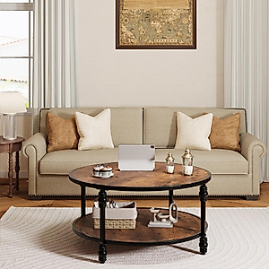 GAOMON Round Coffee Table Living Room 2-Tier Rustic Wood Center Table with Storage Shelf Modern Circle Coffee Table with Sturdy Metal Legs, Easy Assembly