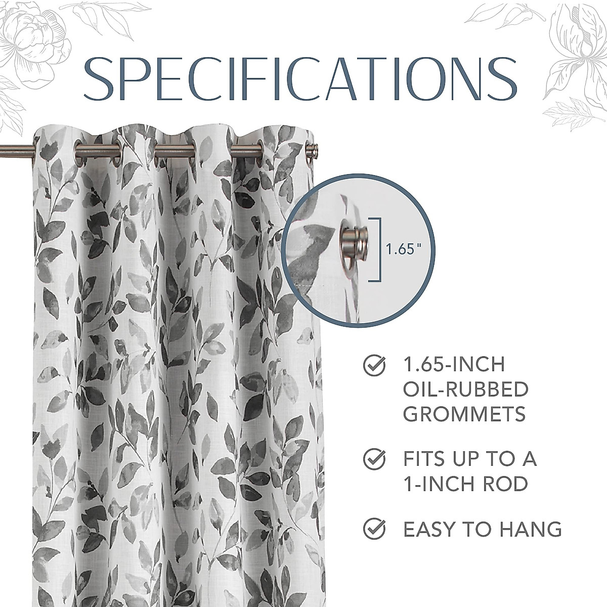 Elrene Home Fashions Avalon Modern Cottage Nature-Inspired Botanical Floral Leaf Print Blackout Linen Blend Window Curtain, 52 in x 84 in (1 Panel), Grey