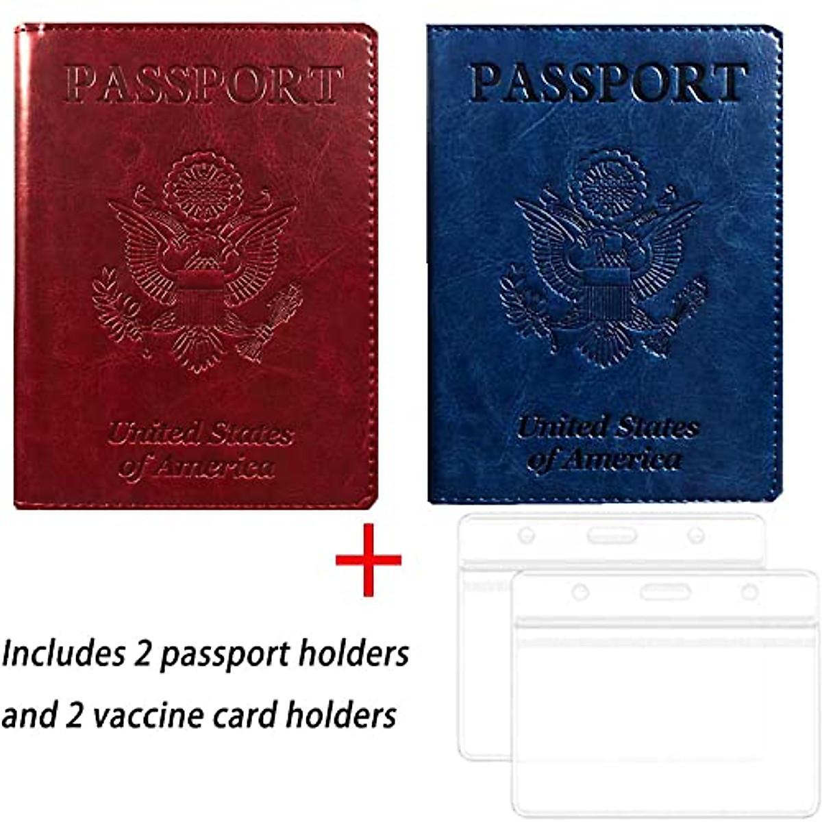 Redify 2 Pack Passport and Vaccine Card Holder Combo - PU Leather Passport Holder with Vaccine Card Slot, Travel Passport Wallet for Women and Men, Family Passport Cover Case (Blue, Wine Red)
