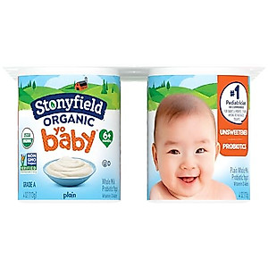 Stonyfield Organic YoBaby Whole Milk Baby Yogurt Cups with Probiotics, Plain, 4 Oz, 6 Pack