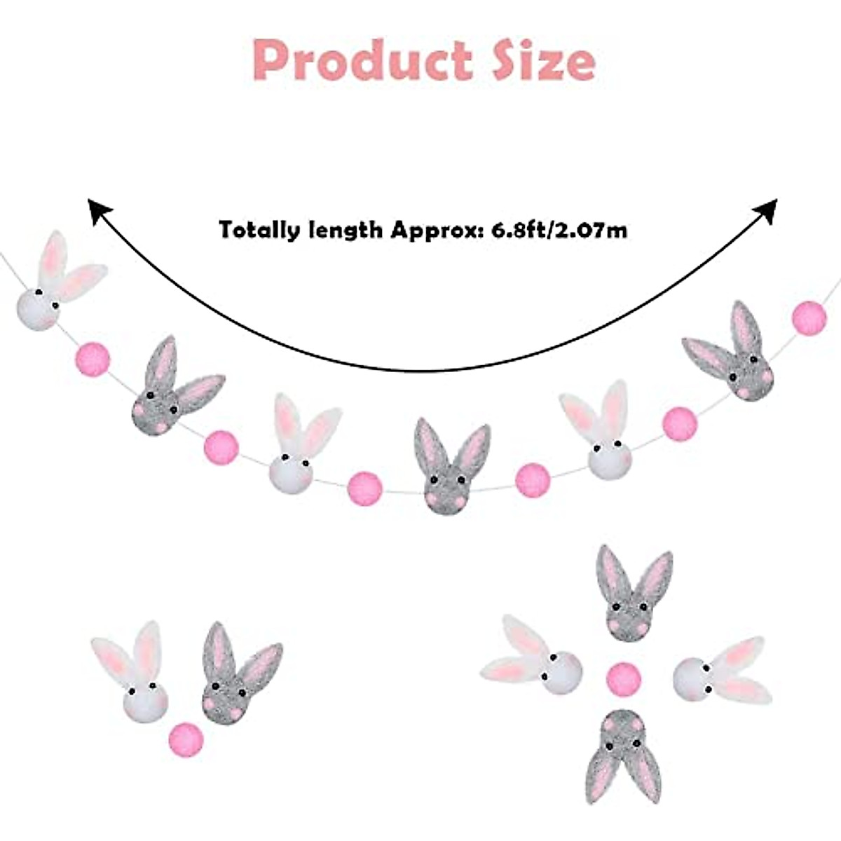 Bunny Felt Garland Wool Rabbit Pom Pom Banner Handmade Bunny Ball Garland for Holiday Wall Decoration