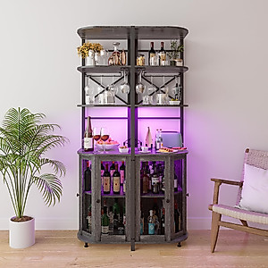 Aufvolr Wine Bar Cabinet with Power Outlet, 6-Tiers Industrial Wine Cabinet with LED Light and Glass Holder, Corner Bar Cabinet with Adjustable Shelf and Mesh Door, Liquor Cabinet Bar for Home