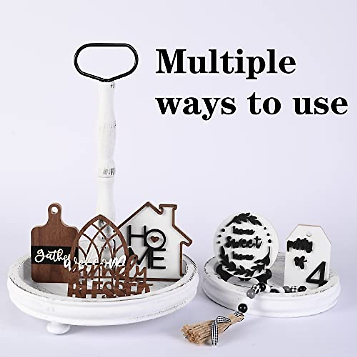 Farmhouse Two Tiered Tray Decor Set - with 7 Pcs Wooden Tier Tray Decor Signs for Home Kitchen Dinning Table Shelf Coffee Station Entryway Decorations