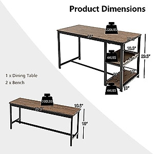 Giantex Dining Table Set for 4, 3-Piece 55” Kitchen Table Set w/ 2 Benches, Breakfast Table w/Wine Rack & Glass Holder, Space-Saving Dinette Set for Dining Room, Kitchen, Apartment (Rustic Brown)