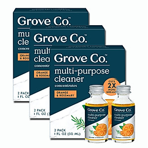 Grove Co. Multi-Purpose Cleaner, Refill Concentrate (6 x 1 Fl Oz) Plant-based Household Cleaning Supplies, Ammonia & Chlorine Free, No Plastic Waste, Orange & Rosemary Scent, Total 3 x 2 Pack Refills