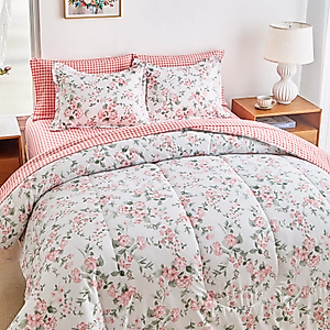 UOZZI BEDDING Bed in a Bag All Season Soft Microfiber Reversible Bed Comforter Set (1 Comforter 2 Pillow Shams 1 Flat Sheet 1 Fitted Sheet 2 Pillowcases) (Flowers 1, Queen-7 Pieces)