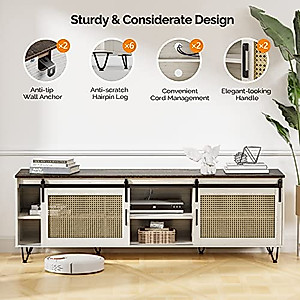VINGLI Rattan TV Stand for TV's up to 75 Inch Farmhouse Boho Entertainment Center with Sliding Barn Door for Living Room, White, 70(W) x15.8(D) x23.6(H)