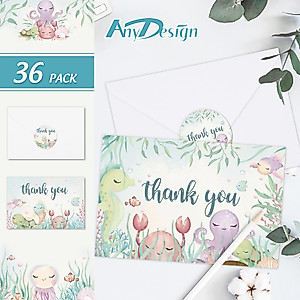 AnyDesign 36 Pack Sea Animal Thank You Cards Bulk Watercolor Cute Ocean Creatures Note Cards with Envelopes Stickers Funny Cartoon Blank Greeting Cards for Birthday Baby Shower, 4 x 6 Inch