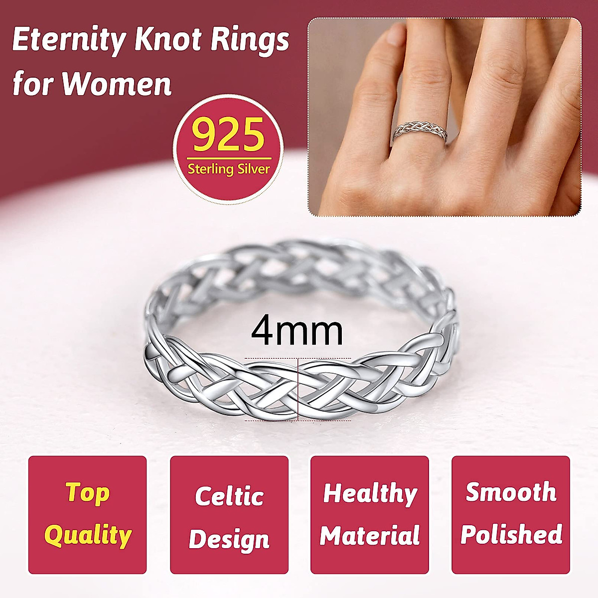 FaithHeart Women Wedding Rings 4mm Plain Silver Ireland Celtic Knot Band Ring Jewelry for Wife
