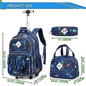 JSMNIAI Kids Rolling Backpack for Boys Backpack with Wheels Trolley School Bags Trip Luggage with Lunch Box for Elementary Boys Travel Suitcase