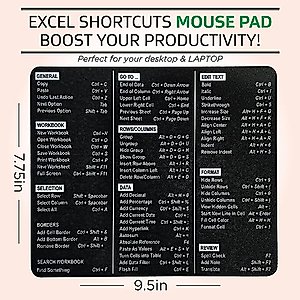 Monilee and Bella Excel Shortcuts Mouse Pad - 66 Reference Cheat Sheet Guide Keyboard Shortcut Formulas - The Ultimate Productivity Tool 7.75" x 9.25" (Solid Black Print)