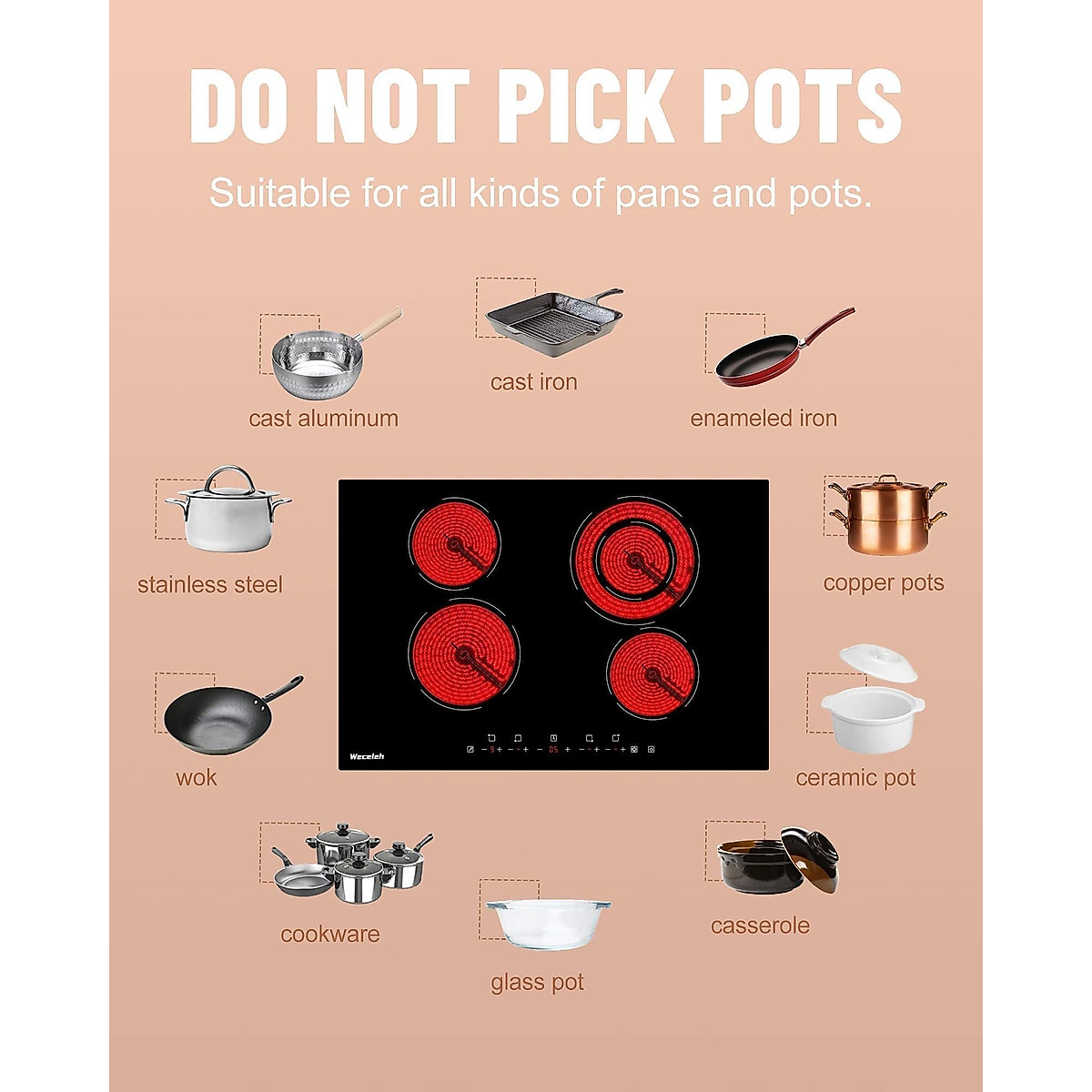 Weceleh Electric Cooktop 30 Inch, Built-in Ceramic Cooktops 6400W, Electric Stove Top with 4 Electric Burners, 9 Heating Level, Kid Safety Lock, Sensor Touch Control, 99Mins Timer, 220-240V (NO PLUG)