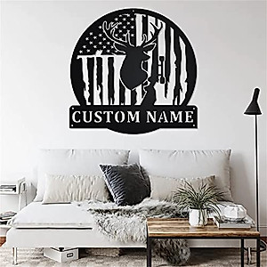 Riaeelvs Custom Hunter Family Name Metal Signs Personalized USA Flag Deer Hunting Metal Wall Art Customized Deer Buck Outdoor Wall Decor Wildlife Metal Sign Unique Gifts for Wedding Anniversary