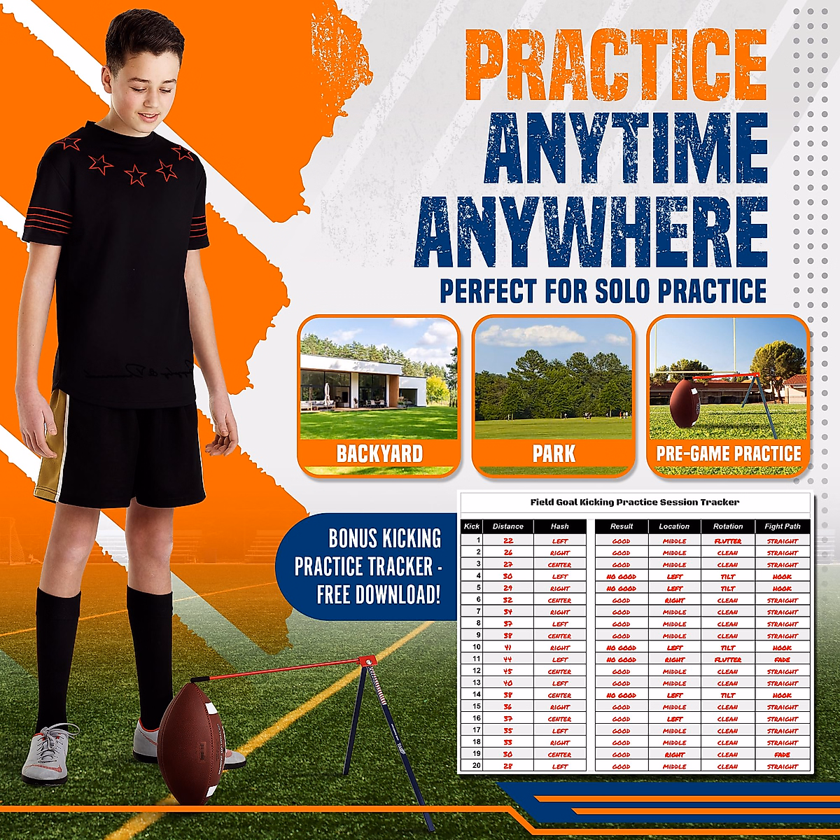 True Strike Pro Football Kicking Tee - Ultimate Football Tee Compatible with All Ball Sizes, Bonus Goal Kicking Tracker, Field Goal Football Holder