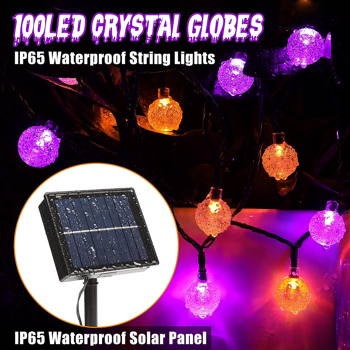 Lomotech Orange Purple Solar Halloween Lights, 72FT 100 LED Halloween Globe Lights, 8 Modes Waterproof Halloween Lights for Halloween Decoration