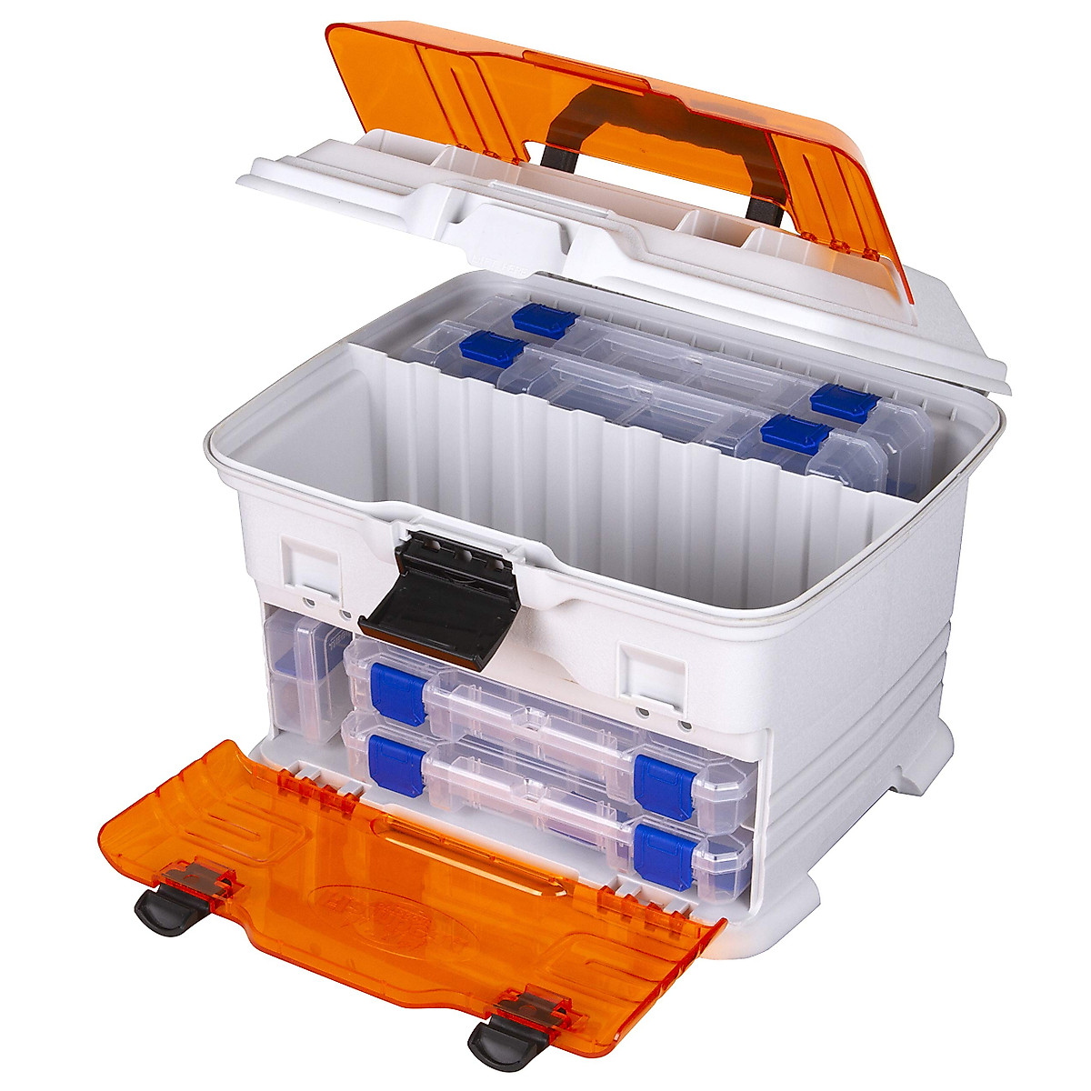 Flambeau Outdoors T4P Pro Multiloader Tackle Box - Portable Fishing Lure Organizer Station With Zerust Anti-RustTechnology, Includes 5 Removable Tuff Tainer Tackle Boxes, White/Orange