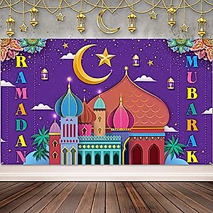 Ramadan Mubarak Decorations Backdrop Banner Muslim Ramadan Kareem Background Eid Mubarak Sign Photo Booth Backdrop Background for Home Muslim Ramadan Eid Al Fitr Party Supplies (Colorful)