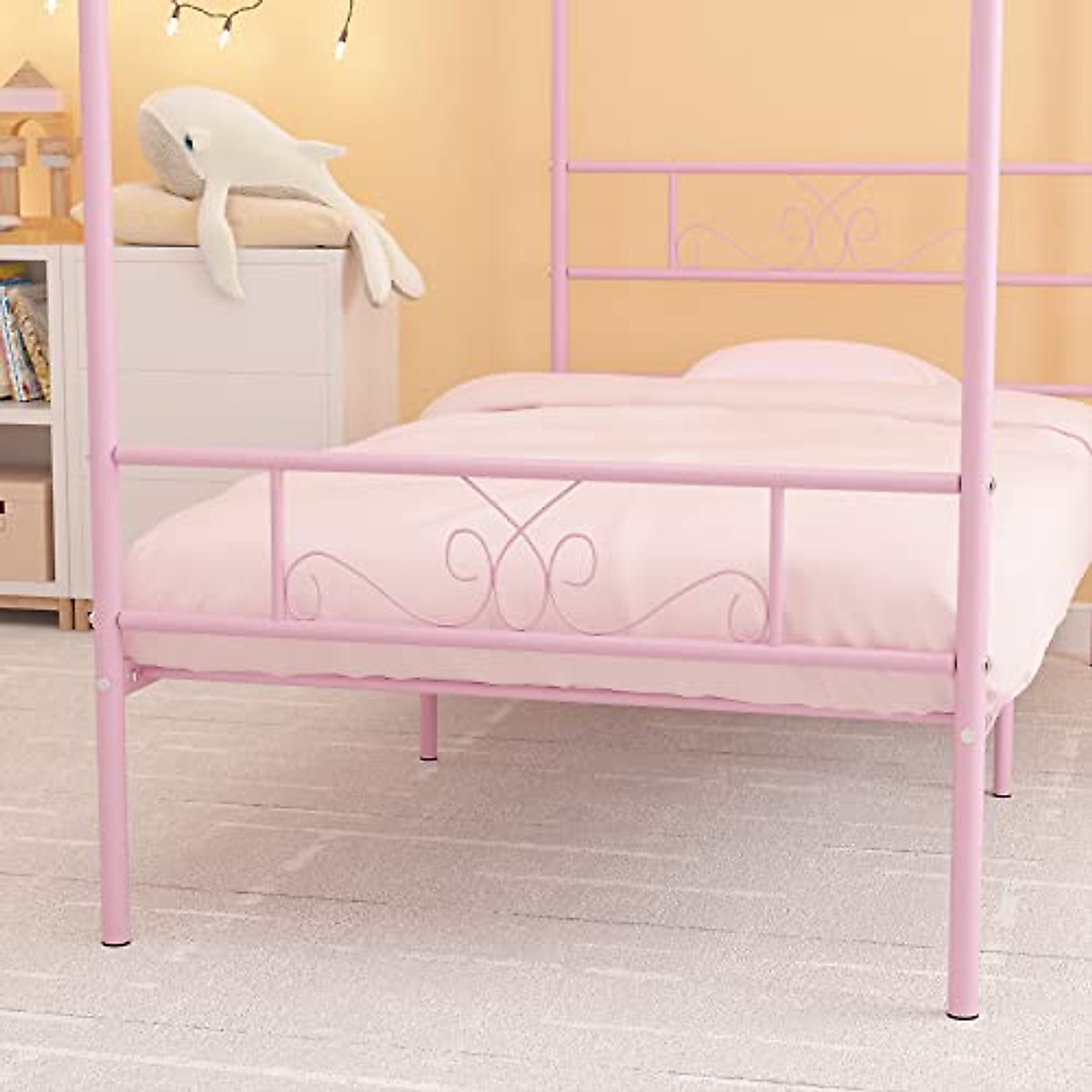 Weehom Metal Canopy Bed Frame Platform Bed 4 Posters Sturdy Steel Mattress Foundation with Headboard and Footboard Box Spring Replacement Easy DIY Assembly Twin,Pink