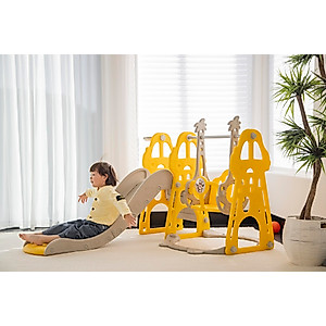 4-in-1 Toddler Slide and Swing Set with Extra Large Playground, Basketball Hoop & Climber, Indoor/Outdoor Playset, Taxi Collection – Yellow