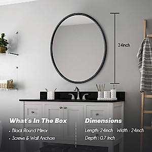 Round Mirror, Black Round Mirror 24 Inch, Round Wall Mirror, Round Bathroom Mirror, Circle Mirrors for Wall, Metal Framed Mirror for Bathroom, Vanity, Bedroom, Entryway, Hallway
