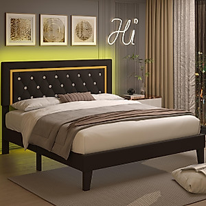 Fastroby Black Queen Size Bed Frame with LED Light, Adjustable Headboard Tufted, Velvet Upholstered Platform Bed Frame No Box Spring Needed, Easy Assembly