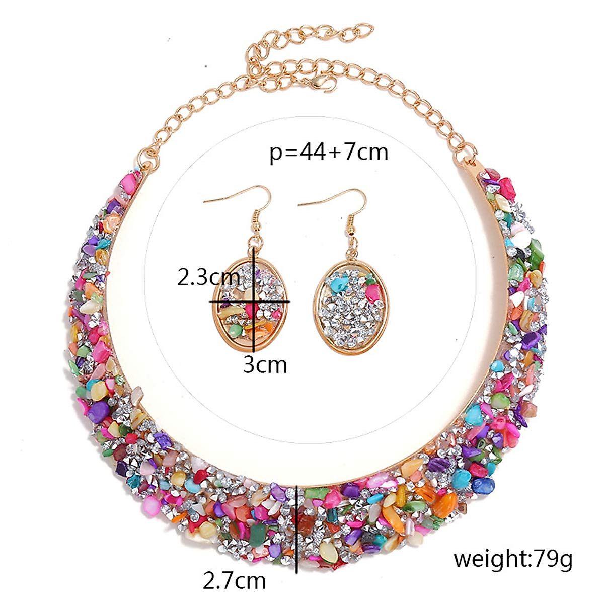 Rhinestone Collar Gold Alloy Metal Necklace For Women Stone Bangle Earring Jewelry Accessories 3pcs Sets (3pcs colorful sets)
