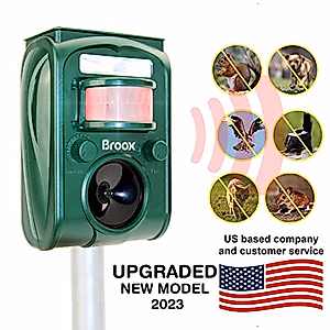 Broox 2023 Upgraded Solar Animal Repeller, Ultrasonic Repellent, Waterproof, Wireless, Motion Detection, LED Flashing Light, Dog, Cat Repellent, Squirrel, Raccoon, Skunk, Rabbit, Rodent, Fox, Deer