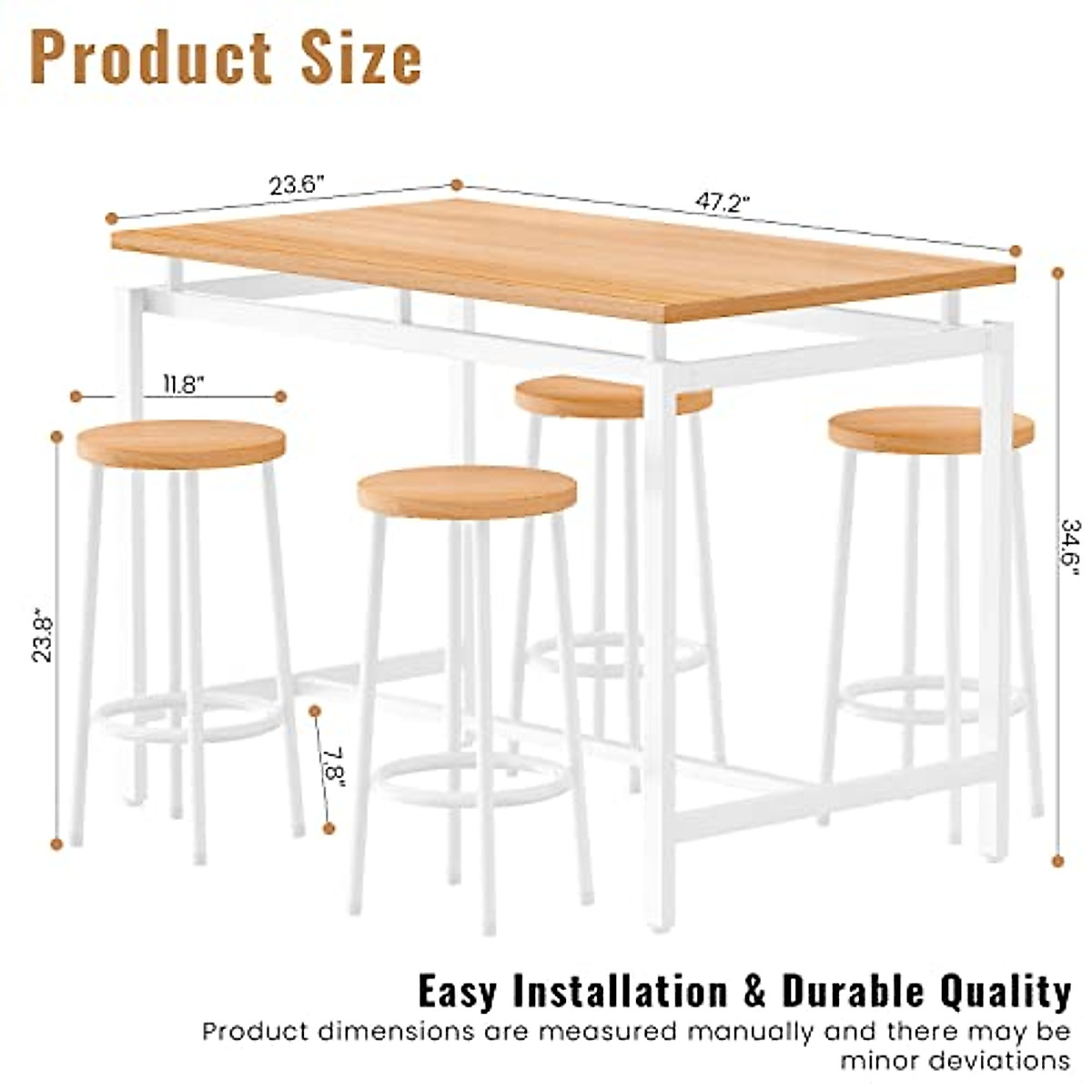 DKLGG Dining Table Set for 4 Bar Kitchen Table and Chairs for 4, Small Kitchen Table with 4 Stools, Wooden Dinner Table Set for 4, 5 Piece Dining Table Set Dining Room Table Set for Small Space